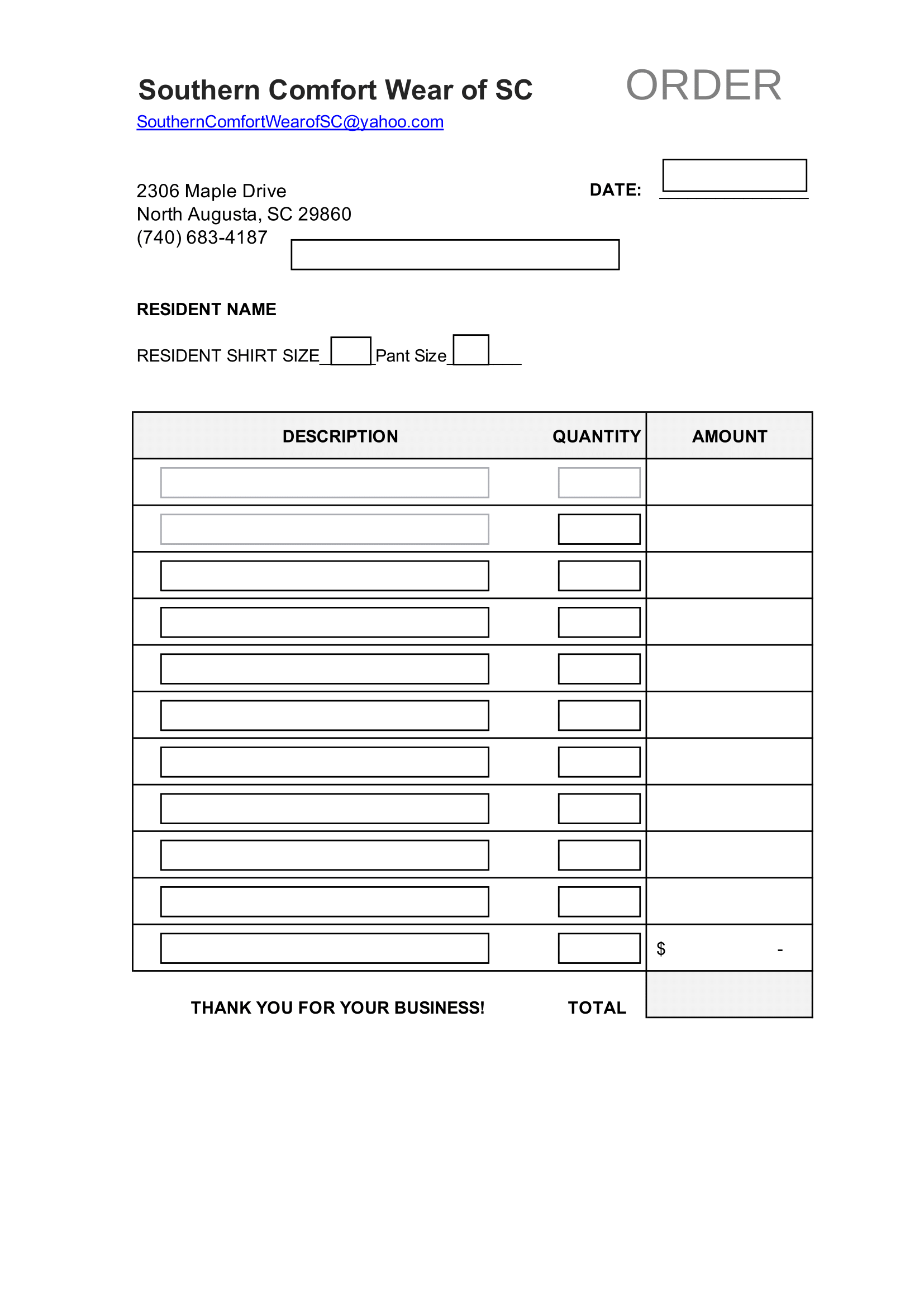 Order Form - Southern Comfort Wear of SC